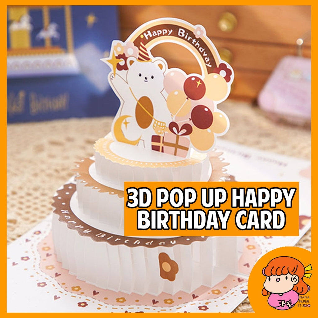 🇸🇬3D POP Out Bear Happy Birthday Greeting Card with Glitter Envelope ...